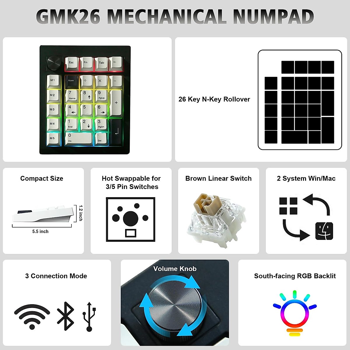 ZMX GMK26 Mechanical Numpad,VIA/QMK Programmable Hot Swappable Gasket Wired BT5.0/2.4G Wireless Number Pad with Knob PBT Keycaps 26 Keys Macro RGB Gaming Numeric Keypad for Laptop TKL Keyboard (Black)