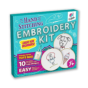 CraftLab Embroidery Sewing Kit for Beginners, Kids Craft Kit Gift for Girls Boys Ages 8-12, 10 Projects, Embroidery Hoops, Fabric, Patterns, Floss, Needles, Needlepoint Cross Stitching Supplies