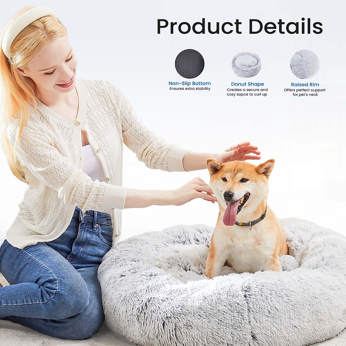 Dog Bed for Small Dogs and Cats, Washable Calming Donut Pet Bed, 20-Inch Anti-Slip Round Fluffy Plush Faux Fur, Anti-Anxiety, Comfortable for Sleeping, 20" L x 20" W x 8" Th for Pets up to 15 lbs