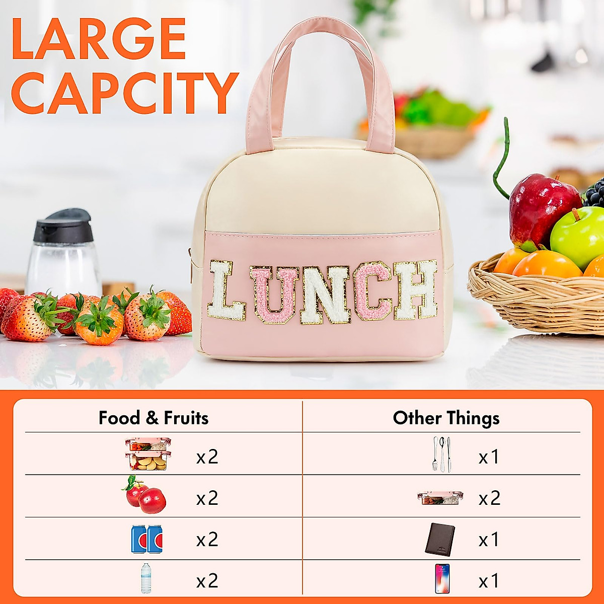 Lunch Bag for Women Insulated Lunch Bag For Men PU leather Small Lunch Bag for Office Work lunch Bag with Chenille Letters Leakproof Freezable Cooler Bag Reusable Portable Lunch Box (White&Pink)