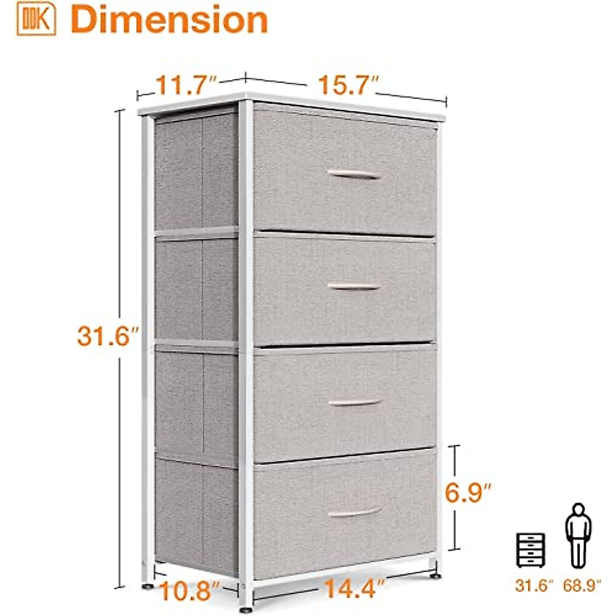 ODK Dresser for Bedroom with 4 Storage Drawers, Small Dresser Chest of Drawers Fabric Dresser with Sturdy Steel Frame, Dresser for Closet with Wood Top, Light Grey