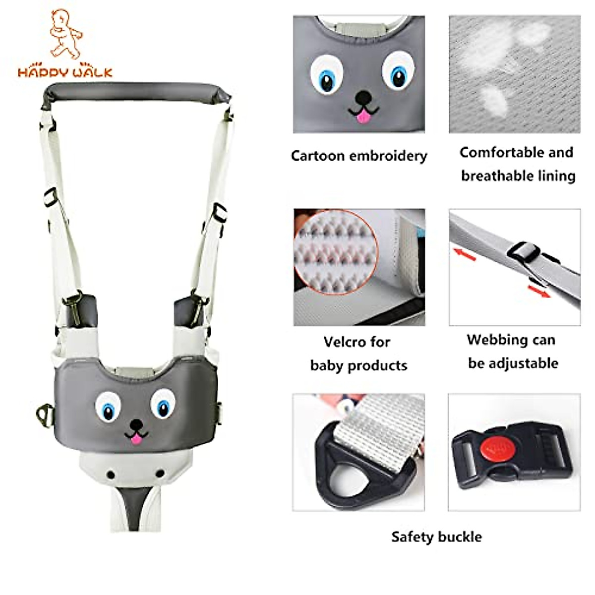 Handheld Baby Walking Harness Kids Walking Learning Helper for Boys Girls Adjustable Baby Walker Safety Harness Assistant Belt for Toddler Infant Child 7-24 Month (Light Grey-Dog)