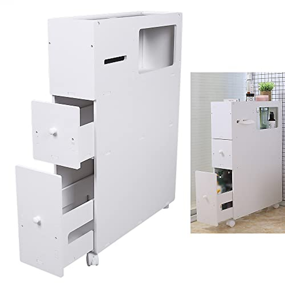 DYRABREST Bathroom Storage Cabinet 3-Tier Toilet Side Cabinet Free Standing Toilet Paper Holder Narrow Corner Floor Cabinet Vertical Dresser Storage Tower with Drawers for Small Space