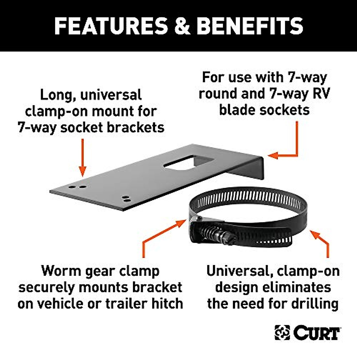 CURT 57202 Vehicle-Side Trailer Wiring Harness Clamp-On Bracket Mount for 7-Way Round or RV Blade , Black
