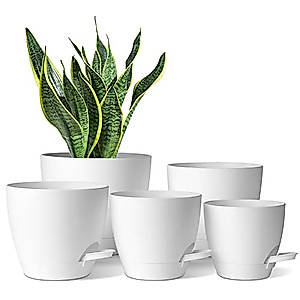 T4U Plastic Plant Pots for Indoor Plants - 7/6.5/6/5.5/5 Inch Self Watering Planter Flower Pot with Drainage Hole White, Nursery Planting Pot for Snake Plant, African Violet and House Plants, 5-Pack