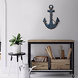 Benzara Nautical Distressed Hanging Wooden Anchor Art Decor with Rope, Blue