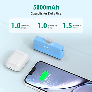 KKD Portable Charger for iPhone, Built-in MFi Certified Plug, 5000mAh Small Portable Phone Charger Power Bank for iPhone 14/13/12/11/XR/X/SE/8/7/6/6s/Pro Max/Plus,AirPods,iPad,Blue