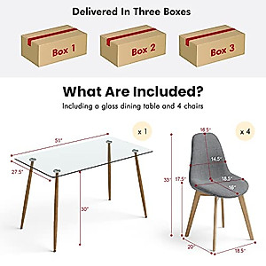 Giantex 5-Piece Dining Room Table Set, Multifunctional Kitchen Dinette Set of 5, 51" L X 27.5" W Table & Chair Set for 5, Rectangular Glass Dining Table & 4 Linen Chairs for Living Room