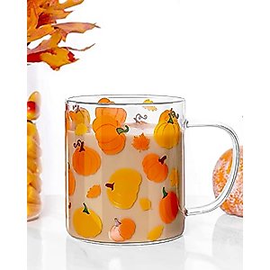 Pumpkin Glass Mug 15 Oz, Clear Fall Cup With Handle, Large Espresso Iced Coffee Glass, Hot Beverage Cappuccino Tea Drinking Glassware, Autumn Decor for Coffee Bar, Thanksgiving Gift for Pumkin Lover