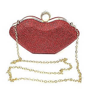 JU+ Women Lip Purses Evening Clutch Rhinestone Lips-Shaped Crossbody Bags Vintage Banquet Handbag(Red)
