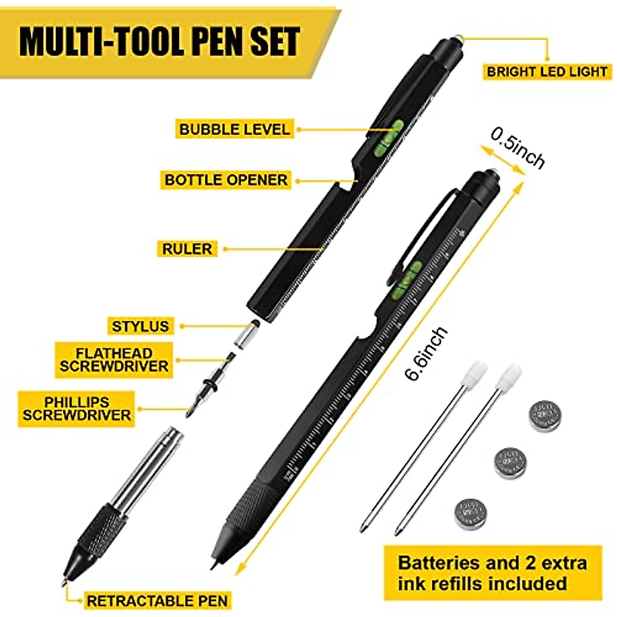 Jasee Gifts for Men, 9 in 1 Multitool Pen, Cool Gadgets for Men Dad Gifts, Birthday Gifts for Dad Him Boyfriend Husband - Led Light, Stylus, Screwdriver, Bottle Opener, Ruler, Level(Black)