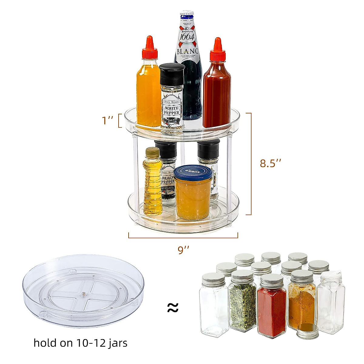 TOOCUST Lazy Susan 2 Tier Bathroom Organizer Countertop, 9 Inch Clear Spice Rack, Acrylic Lazy Susan Turntable for Cabinet, 2 Tier Countertop Organizer, Perfume Organizer, Medicine Cabinet Organizer