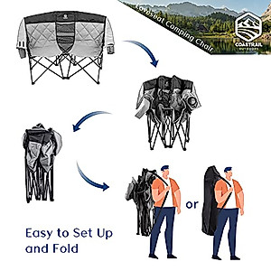Coastrail Outdoor Folding Double Camping Chairs Premium Comfort Portable Love Seat Lawn Chairs Folding for Two with Padded Seat and Pockets, Heavy Duty for Adults
