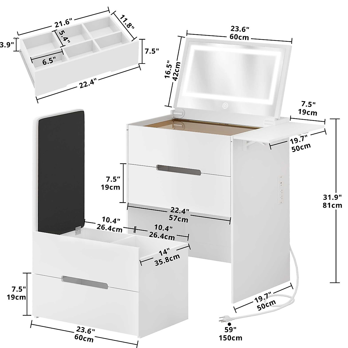 LIKIMIO 3 in 1 Vanity Desk with Plip Top Mirror, LED Light & Power Outlet Small Make Up Vanity Set with Visible Glass Desktop, Compact Makeup Vanity with 3 Drawers, Dressing Table for Bedroom, White