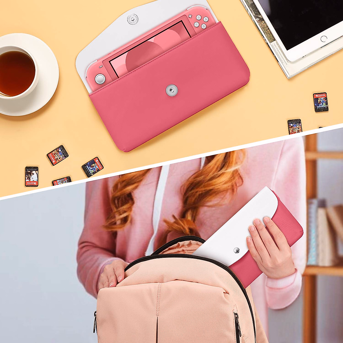 Fintie Carrying Case for Nintendo Switch Lite 2019 - Portable Travel Bag Protective Sleeve Pouch w/Side Pocket, Game Card Slots, Holding Strap for Nintendo Switch Lite and Accessories, Living Coral