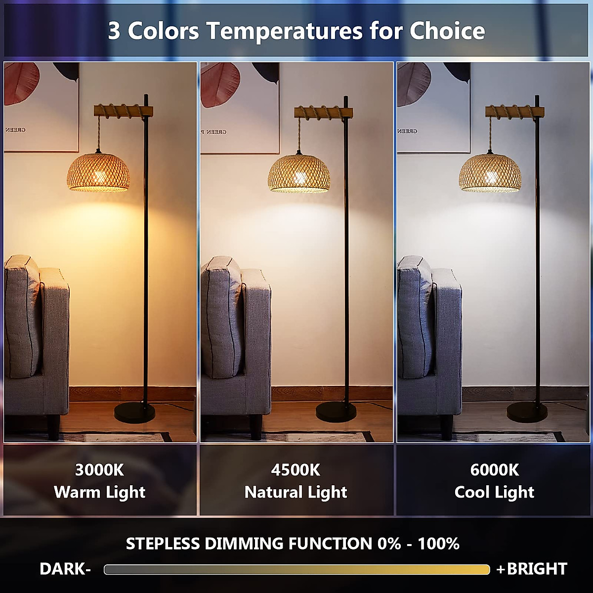 Stepeak Boho Floor Lamp with Remote, Farmhouse Dimmable Rattan Standing Lamp with Smart Blub, Bamboo Lampshade, App Control, Wood Black Tall Lamp for Living Room Bedroom Office, 9W LED Bulb Included