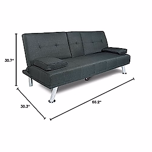 ERYE Modern Futon Loveseat Convertible Sleeper Bed for Living Room Apartment Small Space Furniture Sets with 2 Cup Holders Metal Legs,Removable Soft Pillow-Top Armrest, Sofa & Couch, Dark Grey