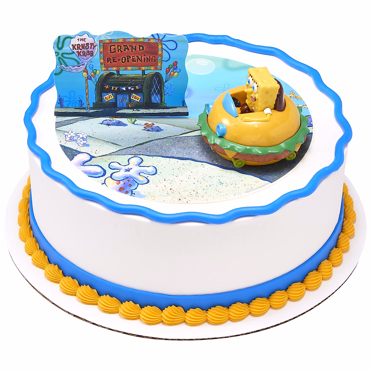 DecoSet® SpongeBob Square Pants Krabby Patty Cake Topper, 2-Piece Birthday Party Set with Rolling Car Figure for Fun After the Party, 3"H x 4.25"W
