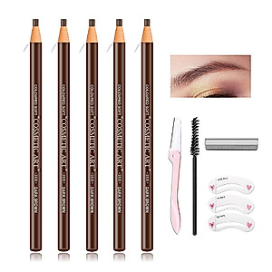 5P Waterproof Eyebrow Pencil,Pull Cord Peel-off Brow Pencil Microblading Eyebrow Pen Supplies Set Brow Pen Eyebrow Tattoo Makeup for Marking,Filling and Outlining,with Eyebrow Trimming Tool(Dark Brown)