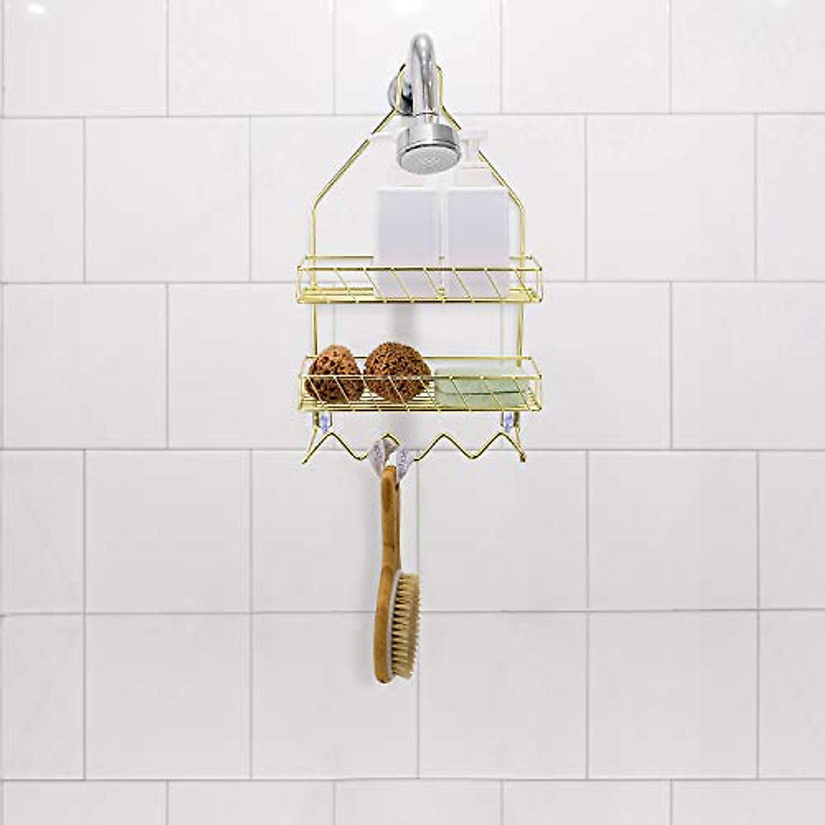MyGift Brass Plated Metal Shower Caddy Over Shower Head Hanging Bathroom Organizer Rack with Suction Cup