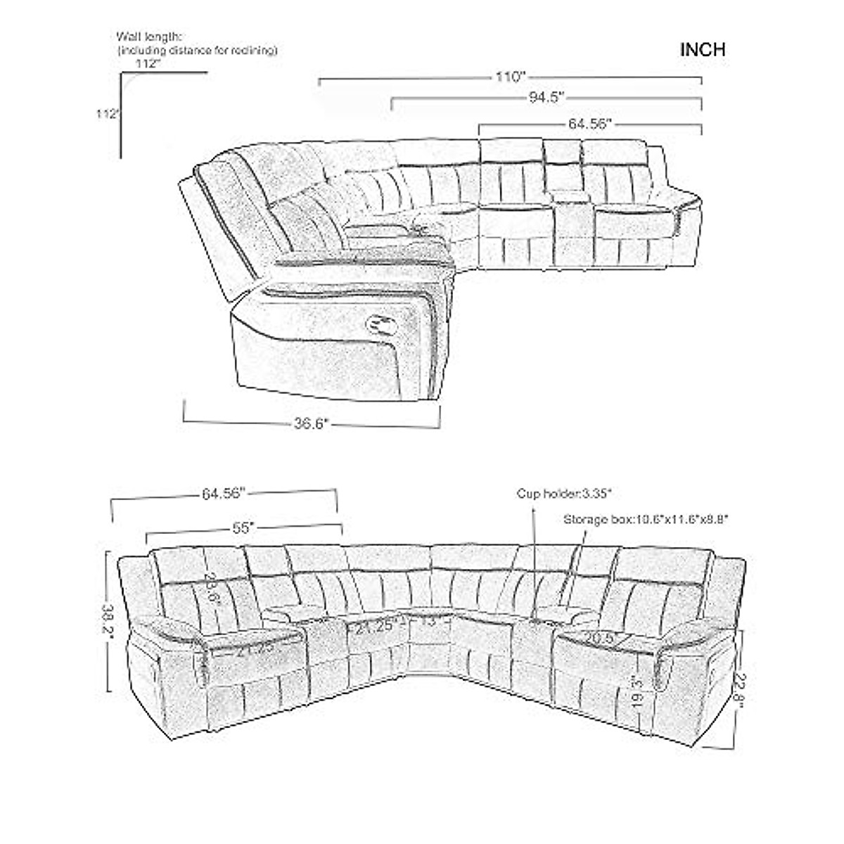 K·1 Classic and Traditional Fabric Manual Reclining Corner Sectional Sofa w/Cup Holder Living Room, Grey Fabric
