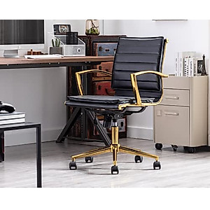 EALSON Modern Leather Desk Chair Ergonomic Office Chair with Wheels and Arms Gold Base Comfortable Computer Task Chair Adjustable Swivel Executive Chair for Home Office, Black