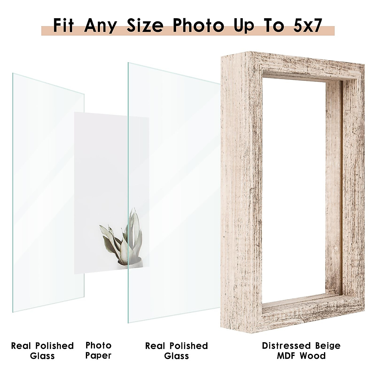 MUYE 5x7 Floating Frames Distressed Beige White Wood Pattern,Double Glass Picture Frame Display Any Size Photo up to 5x7,Wall Mount or Tabletop,2 Pack