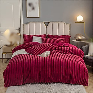 ZHAOLEI Red Super Soft Velvet Vertical Duvet Cover Set Double King Bed 4pcs Plush Bedding Set Flat Sheet Pillow Case (Color : D, Size : 200 * 230cm)