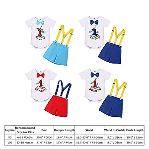 1st First Birthday Outfit Baby Boy Cake Smash One Year Old Party Newborn Toddler Bow Tie Cotton Short Sleeve Romper Shorts Pants Y-back Suspenders 3PCS Clothes Set Photo Shoot Royal Blue 12-18 Months