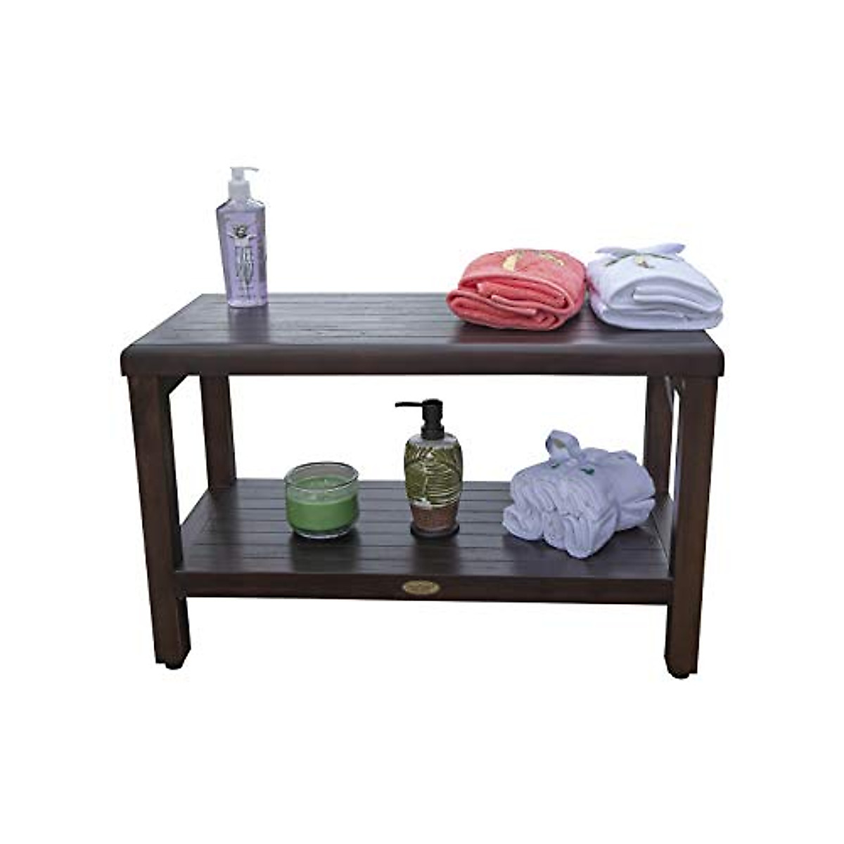 DecoTeak Eleganto Classic Shower Bench 30" Long Natural Teak Wood Armless Shower Stool with Shelf Open Back Wood Shower Bench in Woodland Brown Finish