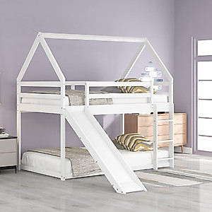 DreamBuck House Bunk Bed with Slide, Solid Wood Low Bunk Bed Twin Over Twin with Roof and Safety Guardrail, Twin Floor Bunk Bed for Kids Teens Girls Boys, No Box Spring Needed, White