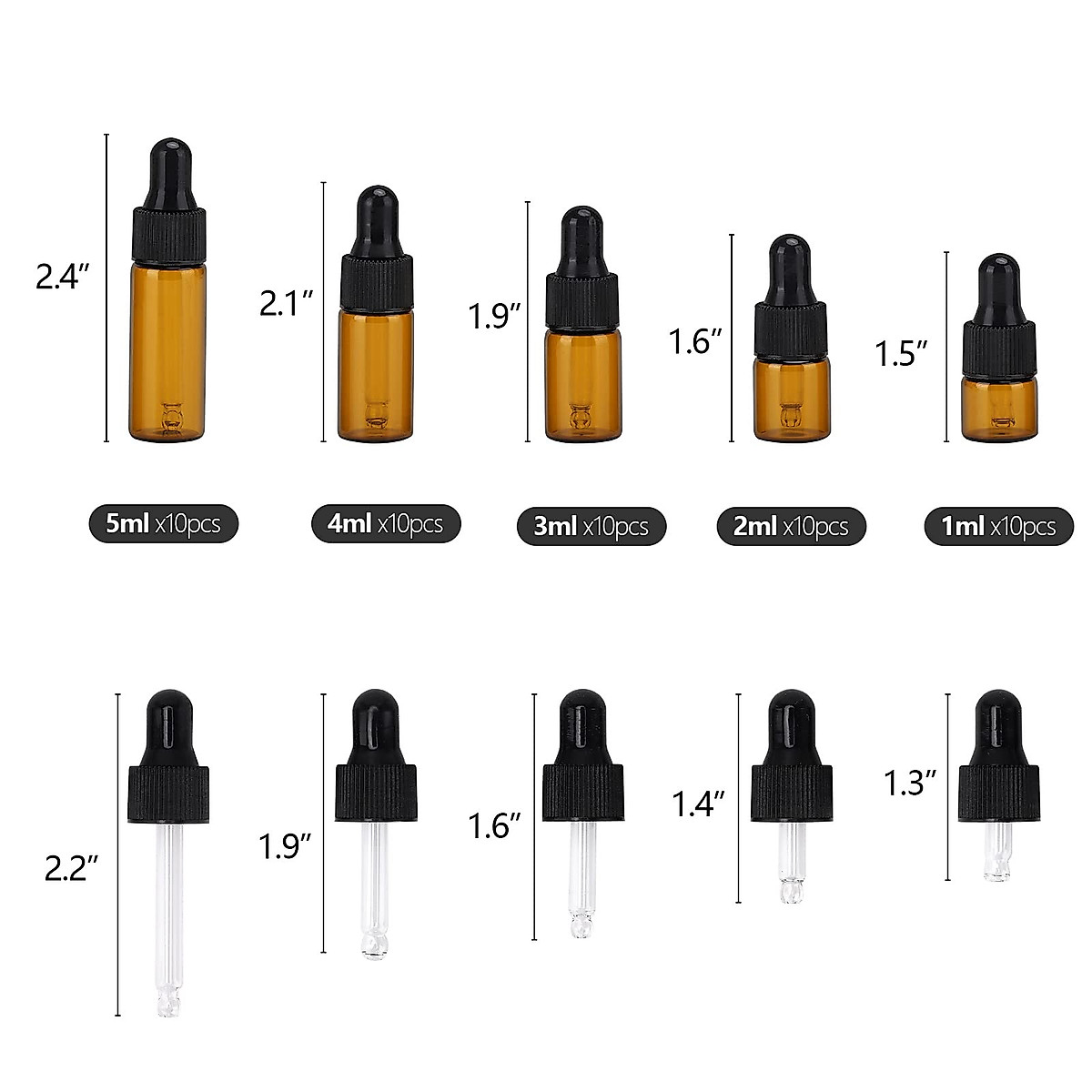 50Pcs Amber Glass Dropping Bottles 1ml 2ml 3ml 4ml 5ml Mini Essential Oil Dropper Bottles Empty Travel Sample Vials with Black Cap for Essential Oils, Aromatherapy, Cosmetic, Laboratory, Traveling
