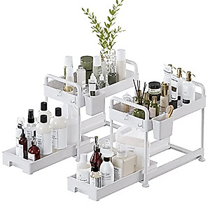 DAILOU Under Sink Organizers and Storage 2 Pack, Bathroom Cabinet Organizer with Sliding Drawers, 2 Tier Kitchen Under Cabinet Storage with Handles, Hooks and Hanging Cup (White)