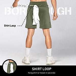 Born Tough 9 Inch Inseam Men’s Gym Workout Shorts, Athletic Bodybuilding Shorts for Men with Zipper Pockets & Waist Loop (as1, alpha, l, regular, regular, Military Green)