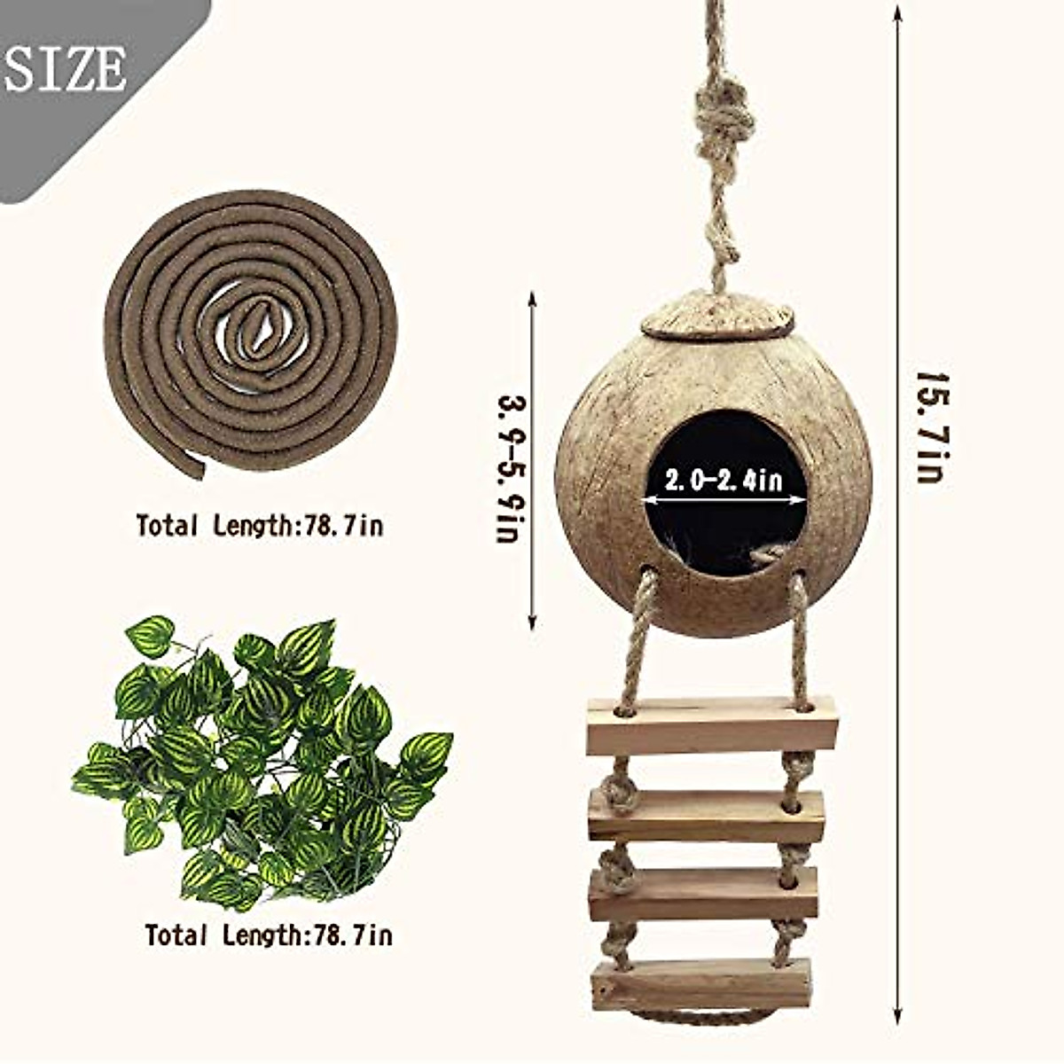 PINVNBY Crested Gecko Coco Hut with Ladder Natural Lizard Coconut Shell Hideout Home Mini Condo for Reptiles Durable Cave Habitat with Hanging Loop Coconut Texture Provide Food for Pets