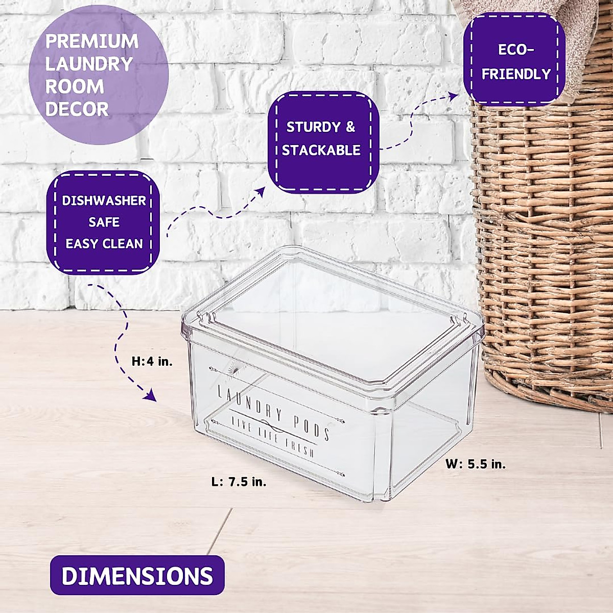 Modern Order Premium Laundry Detergent Pods Container, Clean & Clear Pod Pacs, Beads, Dryer Sheet Holder, Stackable Laundry Room Storage, Rectangle Box with Lid, Home Decor, Medium, Clear/Black