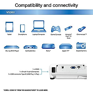 Epson VS260 3-Chip 3LCD XGA Projector, 3,300 Lumens Color Brightness, 3,300 Lumens White Brightness, HDMI, Built-in Speaker, 15,000:1 Contrast Ratio, Small (Renewed)