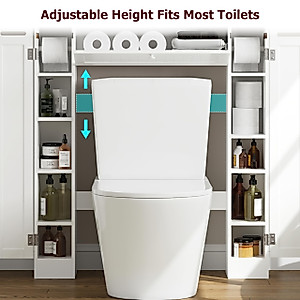 Over The Toilet Storage Cabinet, Bathroom Space Saver with Paper Holder and Adjustable Shelves, Freestanding Toilet Cabinet Organizer with 2 Side Doors and Pull-Down Door, White