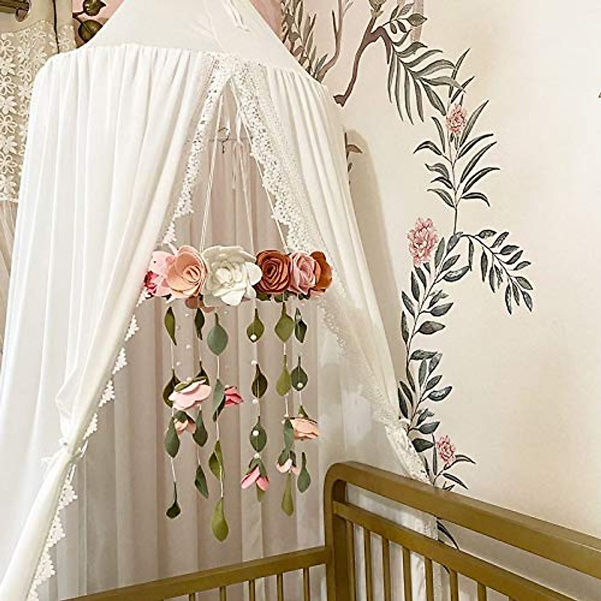 LOAOL Kids Bed Canopy with Lace Sheer Chiffon Hanging Canopy Net for Baby Crib Nook Castle Game Tent Nursery Play Room Decor (White)