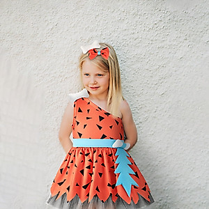 Obavioy Baby Girl Caveman Costume Toddler Cavegirl Dress with Bone Headband Hair Clips Halloween Party Outfit Orange 12-18 Month