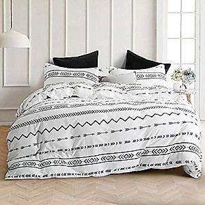 JUCFHY Duvet Cover Queen,600 Thread Count Cotton 3pcs Queen Duvet Cover Set Black Stripe Geometric Printed on White,Reversible with Zipper Closure 1 Duvet Cover and 2 Pillow Shams(Queen,Chelsea)