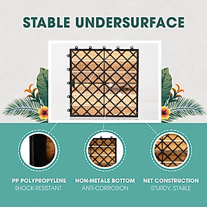 Idzo Interlocking Deck Tiles - 20PCS Waterproof Acacia Wood Patio Tiles, Flooring Tiles for Both Indoor and Outdoor - Decking 2 Style 12 Slats and 6 Slats, Golden Teak, 12 x 12 x 0.9 inches