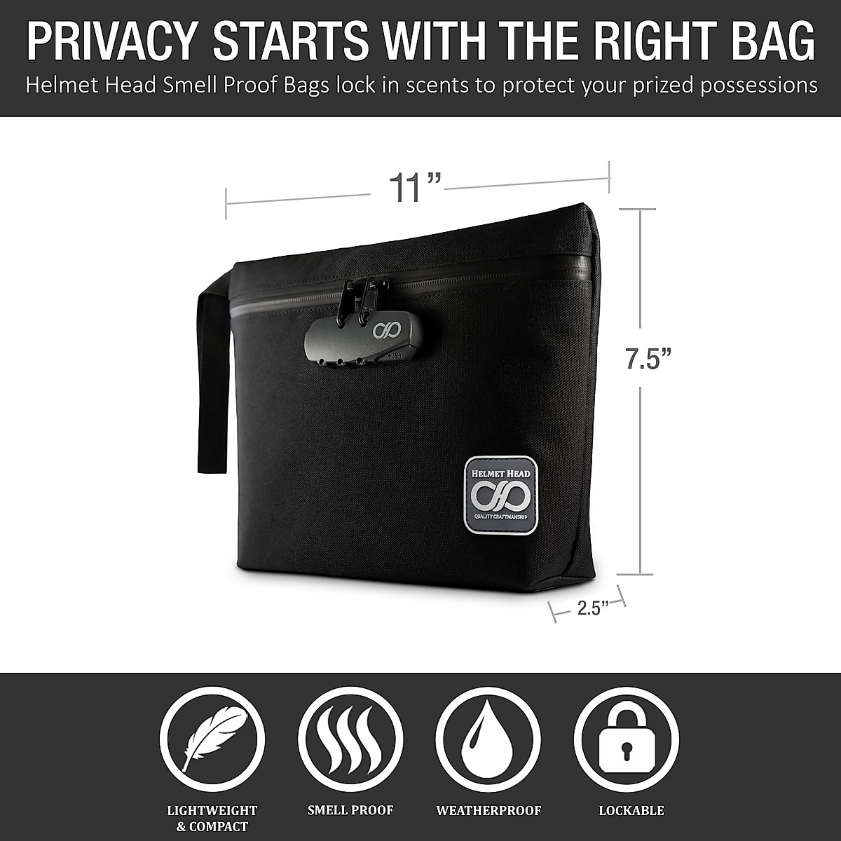 HELMET HEAD Smell Proof Bag with Combination Lock, Durable Water Repellent Odorless Stash Bag Comes With Mylar Bags and Inside Pouches For Your Herbs and Smelly Accessories (Black)