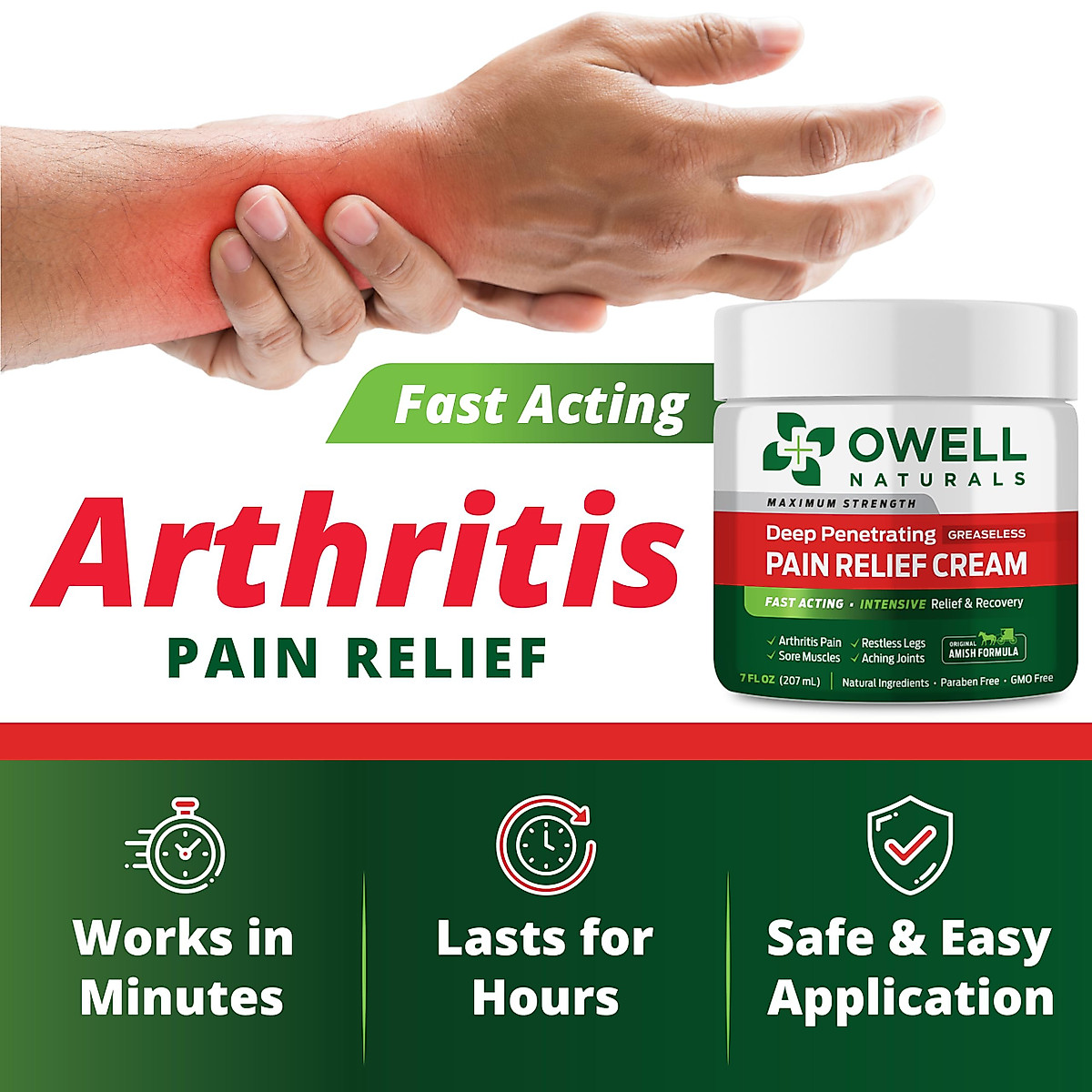 OWELL NATURALS Arthritis Pain Relief Cream - 14oz - Maximum Strength All Natural Discomfort Reliever for Joint, Muscle, Knee, Back, Neuropathy - 11 Powerful Ingredients