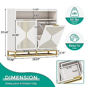 Condemo Double Tilt Out Trash Cabinet, Modern 20 Gallon Trash Bin Cabinets, Freestanding Recycling Cabinet, Storage Cabinet for Kitchen, Dining Room, Laundry, White and Gold (No Trash Can)