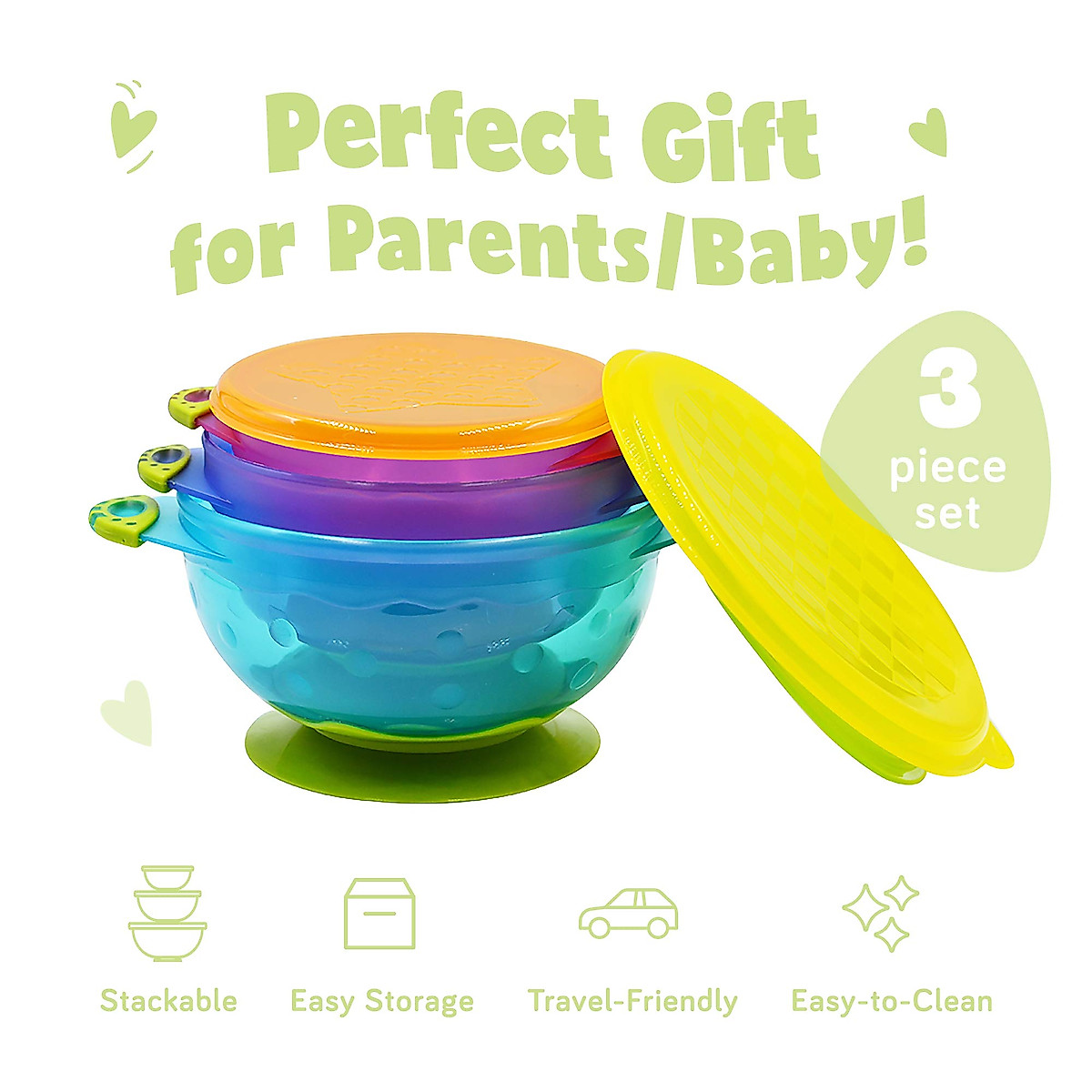 Baby Bowls with Suction - Suction Bowl for Toddlers, Set of 3 Stackable Feeding Bowls with Spill-Proof Lids, Silicone Placemat Bowl