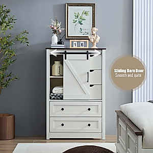 BLANKSPACE White Dresser for Bedroom with 5 Drawers, Rustic Wood Dressers with Sliding Barn Door, Farmhouse Dresser for Bedroom, Dining Room, Hallway, Antique White