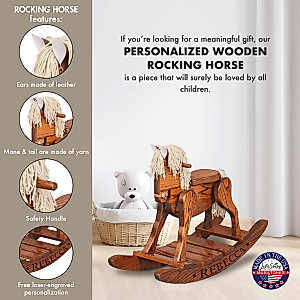 LifeSong Milestones Personalized Solid Oak Wooden Rocking Horse Cherry Toy for Toddlers Childrens and Kids Housewarming Nursery Gift Decorations Handcrafted in The USA Size: 34" L x 11.5" W x 24" H.