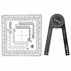 Gotical - Combo of 2 - Flexible Plastic Military Coordinate Scale Protractor MILS map Protractor & 360° Aluminum Angle Finder Miter Saw Protractor Woodworking Measuring Ruler Tool