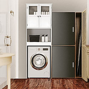 VINGLI Bathroom Organizer Over Toilet Bathroom Storage Cabinet Above The Toilet Shelf with Acrylic Glass Double Doors Adjustable Shelf Free Standing Wooden Space Saver Collect Home Furniture